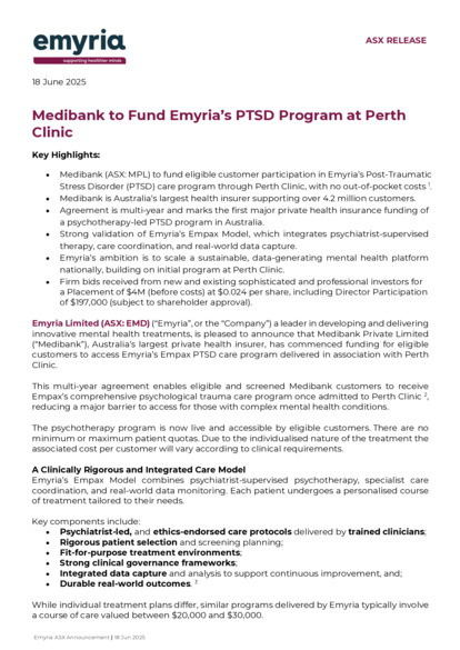 ASX:EMD - Medibank to Fund Emyria's PTSD Program at Perth Clinic