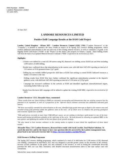 LSE:LND - Landore Resources Ld - Positive Drill Campaign Results at BAM