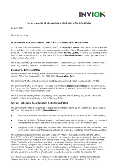 ASX:IVX - Options Entitlement Offer-Letter to Ineligible Shareholders