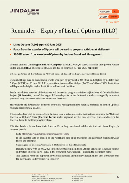 ASX:JLL - Reminder - Expiry of Listed Options (JLLO)