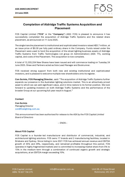 ASX:FOS - FOS Capital - ATS Acquisition Completion