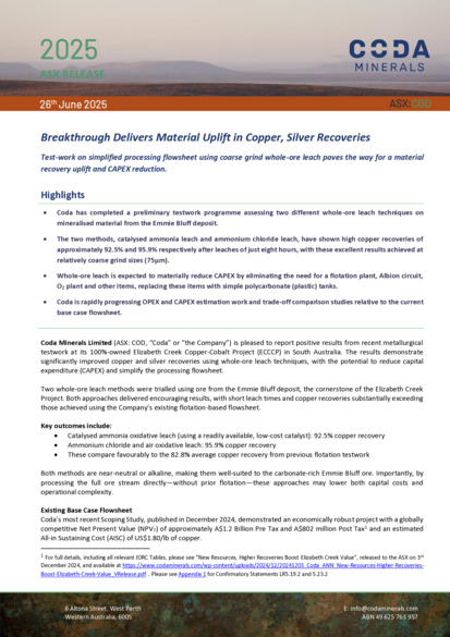 ASX:COD - Material Uplift in Copper and Silver Recoveries