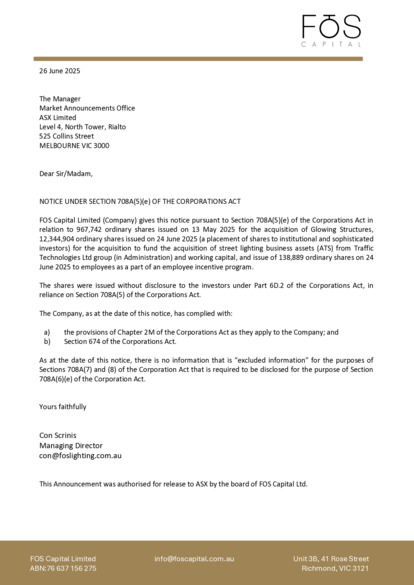 ASX:FOS - Cleansing Notice