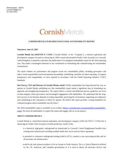 LSE:CUSN - Cornish Metals Inc. - INAUGURAL SUSTAINABILITY REPORT
