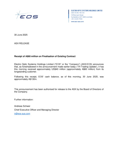 ASX:EOS - Receipt of A$60m on Finalisation of Existing Contract