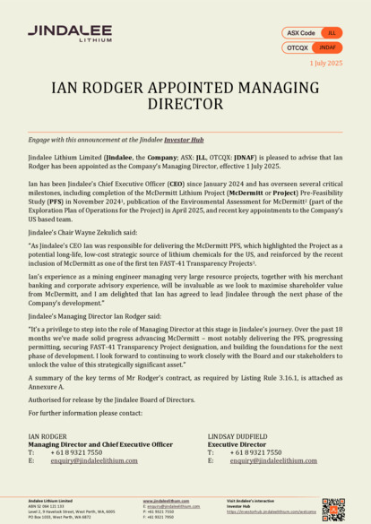 ASX:JLL - Ian Rodger Appointed Managing Director