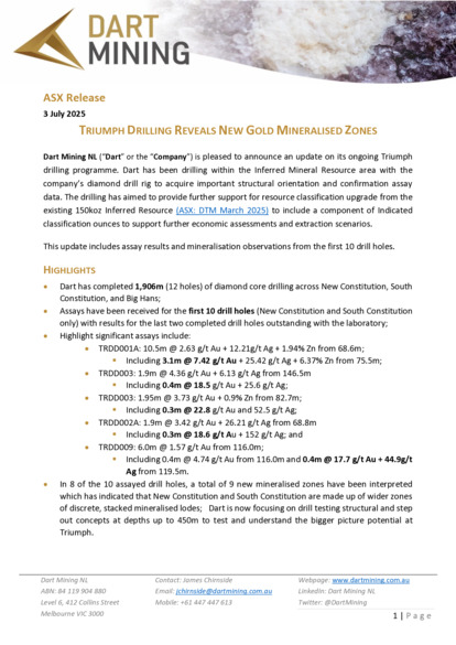 ASX:DTM - Triumph Drilling Reveals New Gold Mineralised Zones