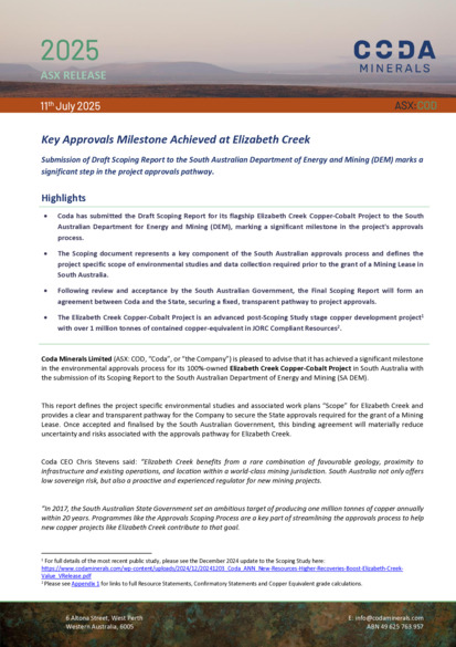 ASX:COD - Key Approvals Milestone Achieved at Elizabeth Creek