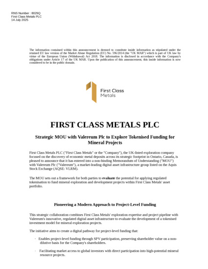 LSE:FCM - First Class Metals - MOU with Valereum to Explore Tokenised Funding