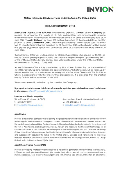 ASX:IVX - Invion Announces Results of Entitlement Offer