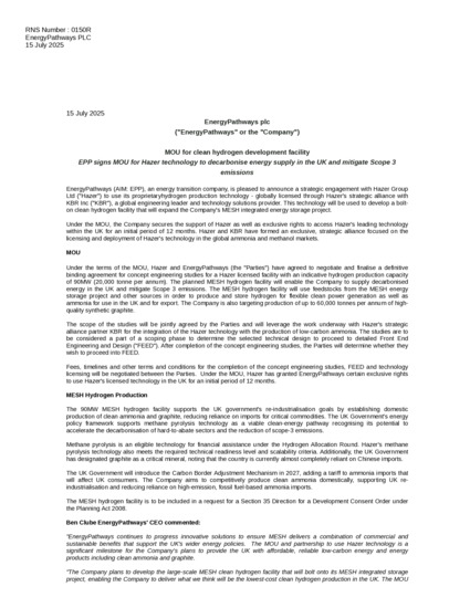 LSE:EPP - EnergyPathways PLC - MOU for clean hydrogen development facility