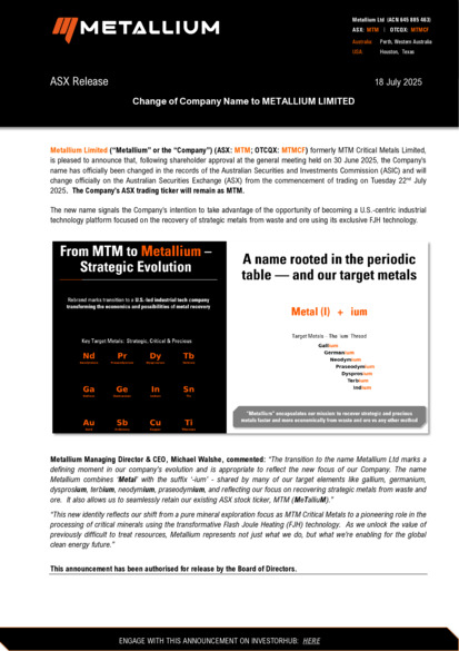 ASX:MTM - Change of Company Name to Metallium Ltd