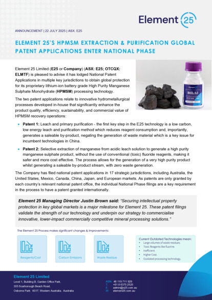 ASX:E25 - International Patents filed for Key HPMSM Technologies