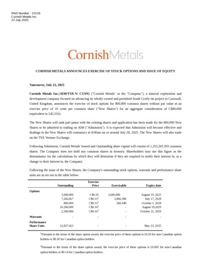 LSE:CUSN - Cornish Metals Inc. - EXERCISE OF STOCK OPTIONS AND ISSUE OF ...