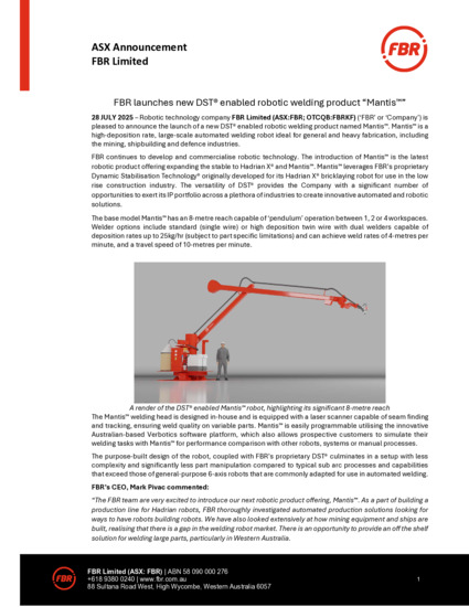 ASX:FBR - FBR launches DST enabled robotic welding product Mantis