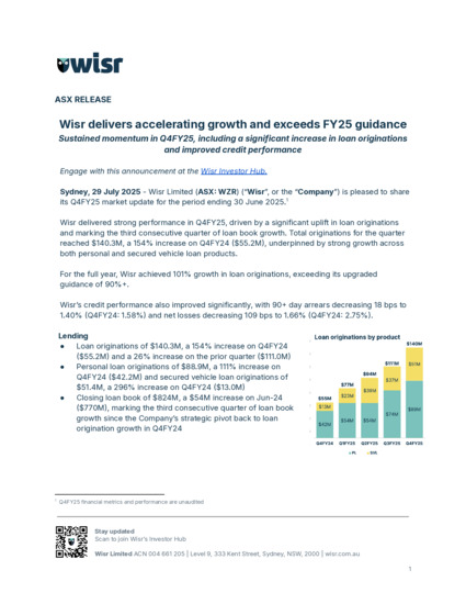 ASX:WZR - Wisr delivers accelerating growth and exceeds FY25 guidance