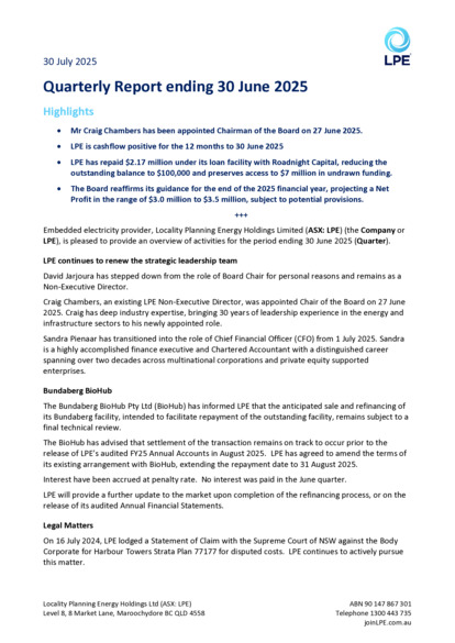 ASX:LPE - Quarterly Activities/Appendix 4C Cash Flow Report