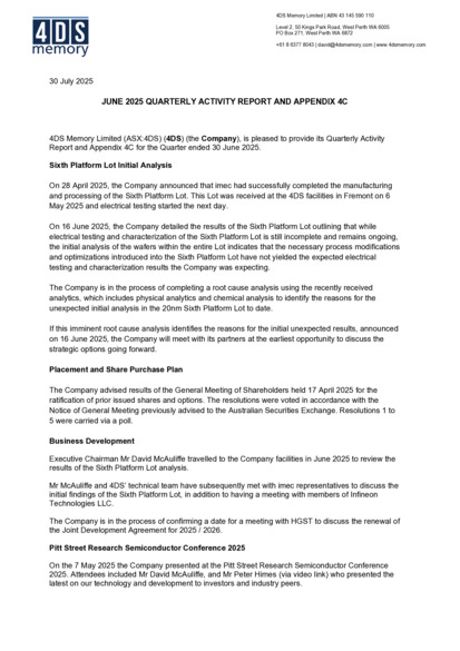 ASX:4DS - June 2025 Quarterly Activity Report and Appendix 4C