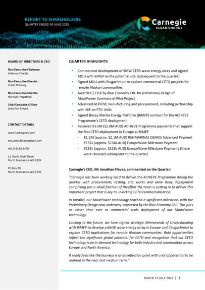 ASX:CCE - Quarterly Activities/Appendix 4C Cash Flow Report