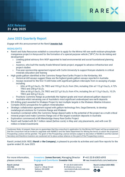 ASX:REE - Quarterly Activities/Appendix 5B Cash Flow Report