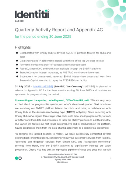 ASX:ID8 - Quarterly Activities/Appendix 4C Cash Flow Report