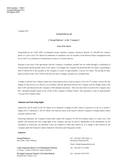 LSE:EPP - EnergyPathways PLC - Issue of fee shares