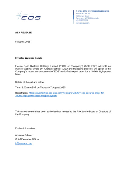 ASX:EOS - Investor Webinar Details - Laser Weapon Order
