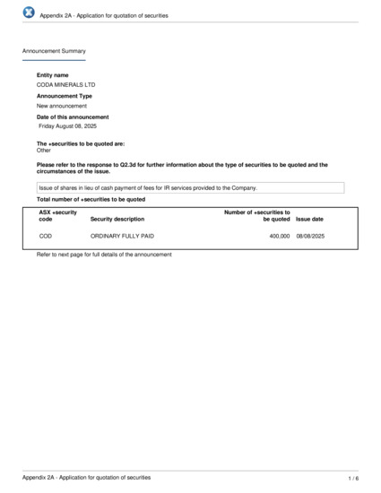 ASX:COD - Application for quotation of securities - COD