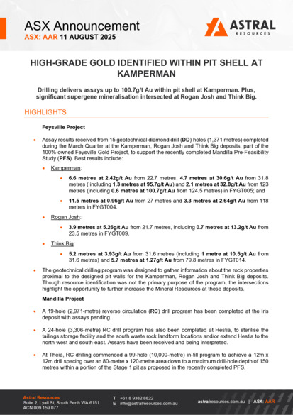 ASX:AAR - High-Grade Gold Identified Within Kamperman Pit Shell