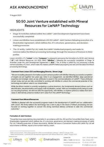 ASX:LIT - Joint Venture established with MinRes for LieNA Technology