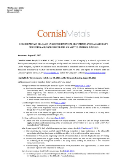 LSE:TIN - Cornish Metals Inc. - UNAUDITED FINANCIAL STATEMENTS FOR Q2 2025