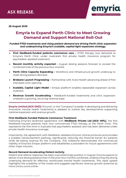 ASX:EMD - Emyria to Expand Perth Clinic to Meet Growing Demand