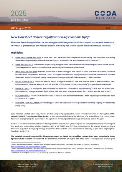ASX:COD - New Flowsheet Delivers Significant Cu-Ag Economic Uplift