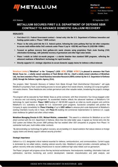 ASX:MTM - Metallium Awarded U.S. DoD SBIR Phase I Contract for Gallium