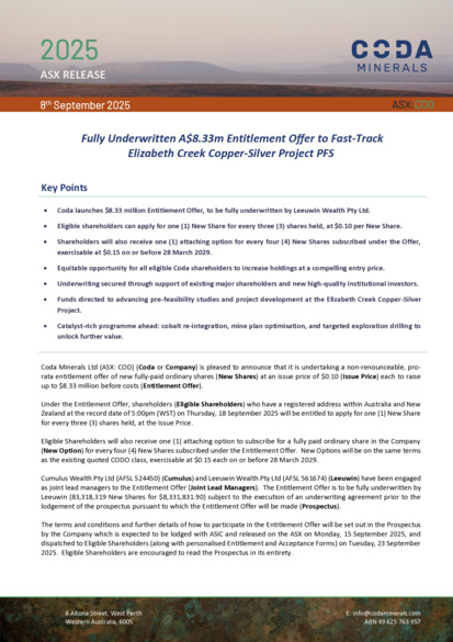 ASX:COD - Fully Underwritten A$8.33M Entitlement Offer