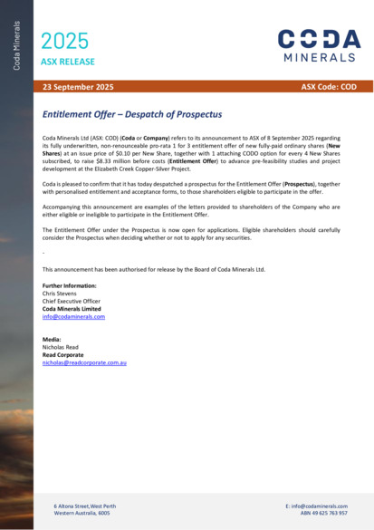 ASX:COD - Entitlement Offer - Despatch of Prospectus