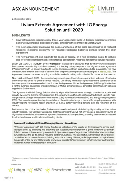 ASX:LIT - Livium Extends Agreement with LG Energy Solution until 2029