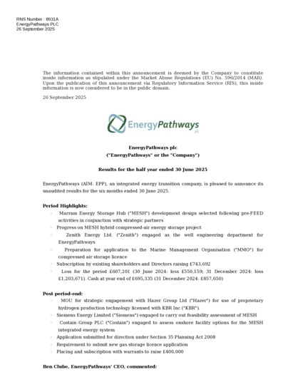 LSE:EPP - EnergyPathways PLC - Results for the half year ended 30 June 2025