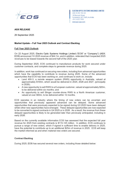 ASX:EOS - Full Year 2025 Outlook and Contract Backlog