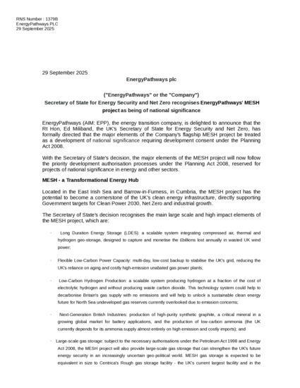 LSE:EPP - EnergyPathways PLC - MESH confirmed as project of national significance