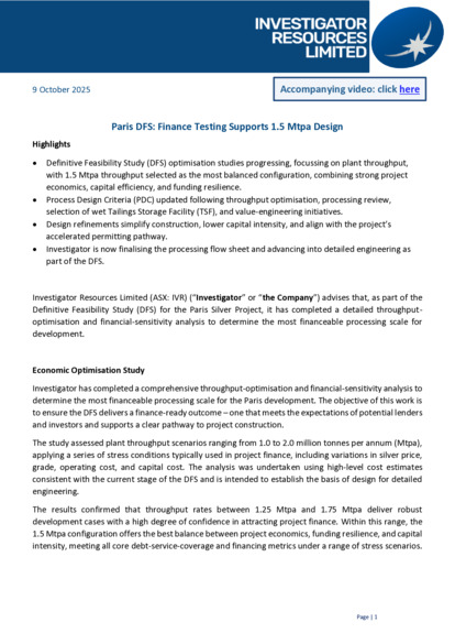 ASX:IVR - Paris DFS - Finance Testing Supports 1.5 Mtpa Design
