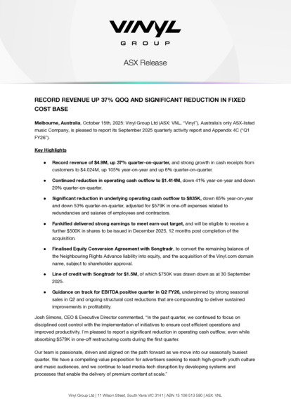 ASX:VNL - Quarterly Activities/Appendix 4C Cash Flow Report