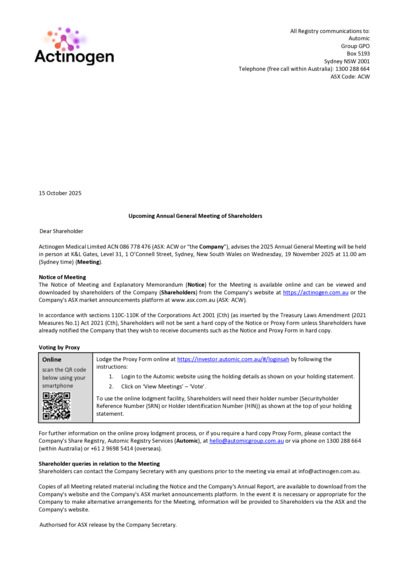 ASX:ACW - Letter to Shareholders, Notice of AGM & Proxy Form