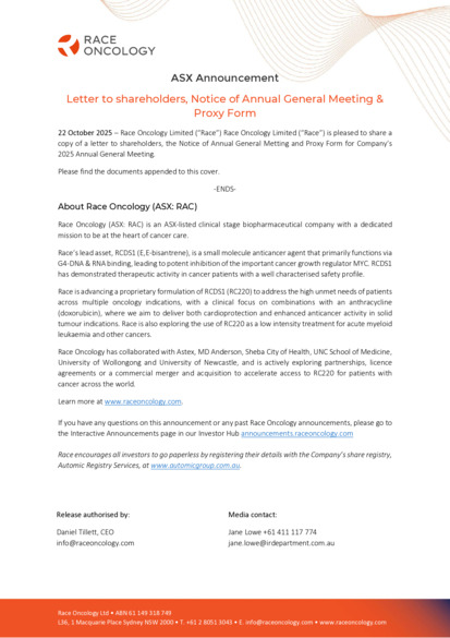 ASX:RAC - Letter to Shareholders, Notice of AGM & Proxy Form