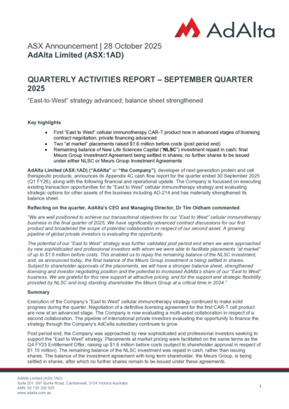 ASX:1AD - Quarterly Appendix 4C and Activities Report