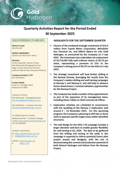 ASX:GHY - Quarterly Activities/Appendix 5B Cash Flow Report