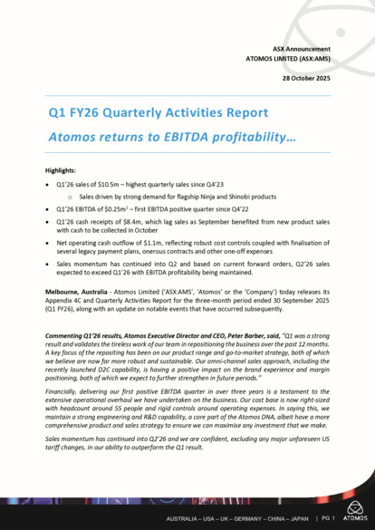 ASX:AMS - Quarterly Activities/Appendix 4C Cash Flow Report