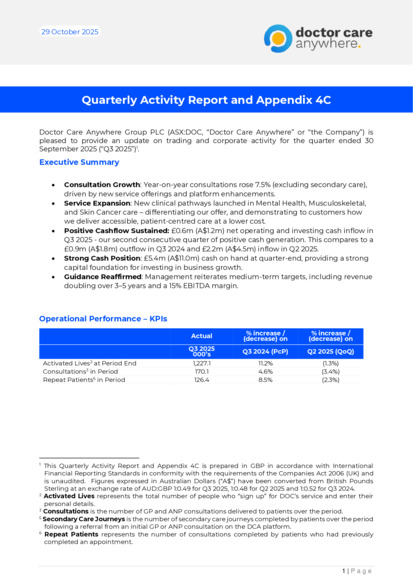 ASX:DOC - Quarterly Activities/Appendix 4C Cash Flow Report