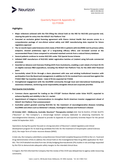 ASX:NUZ - Appendix 4C & Quarterly Update