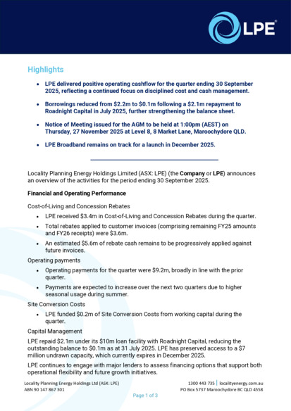 ASX:LPE - Quarterly Activities/Appendix 4C Cash Flow Report